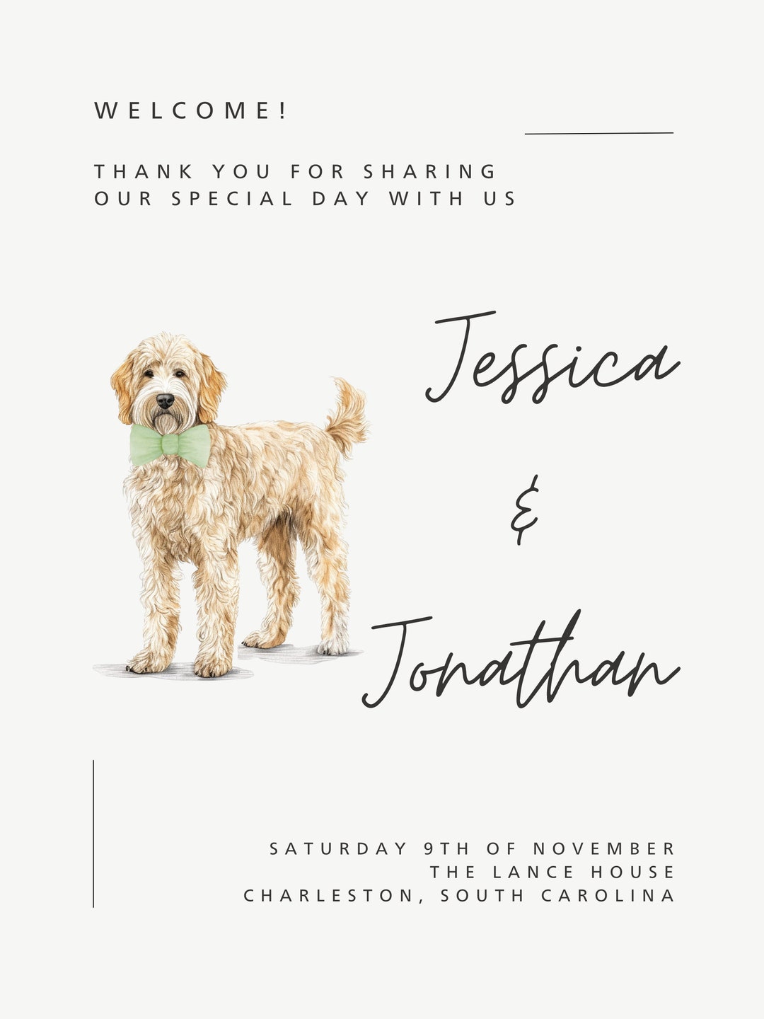 Wedding Welcome Sign Goldendoodle With Green Bowtie, Editable Dog ...