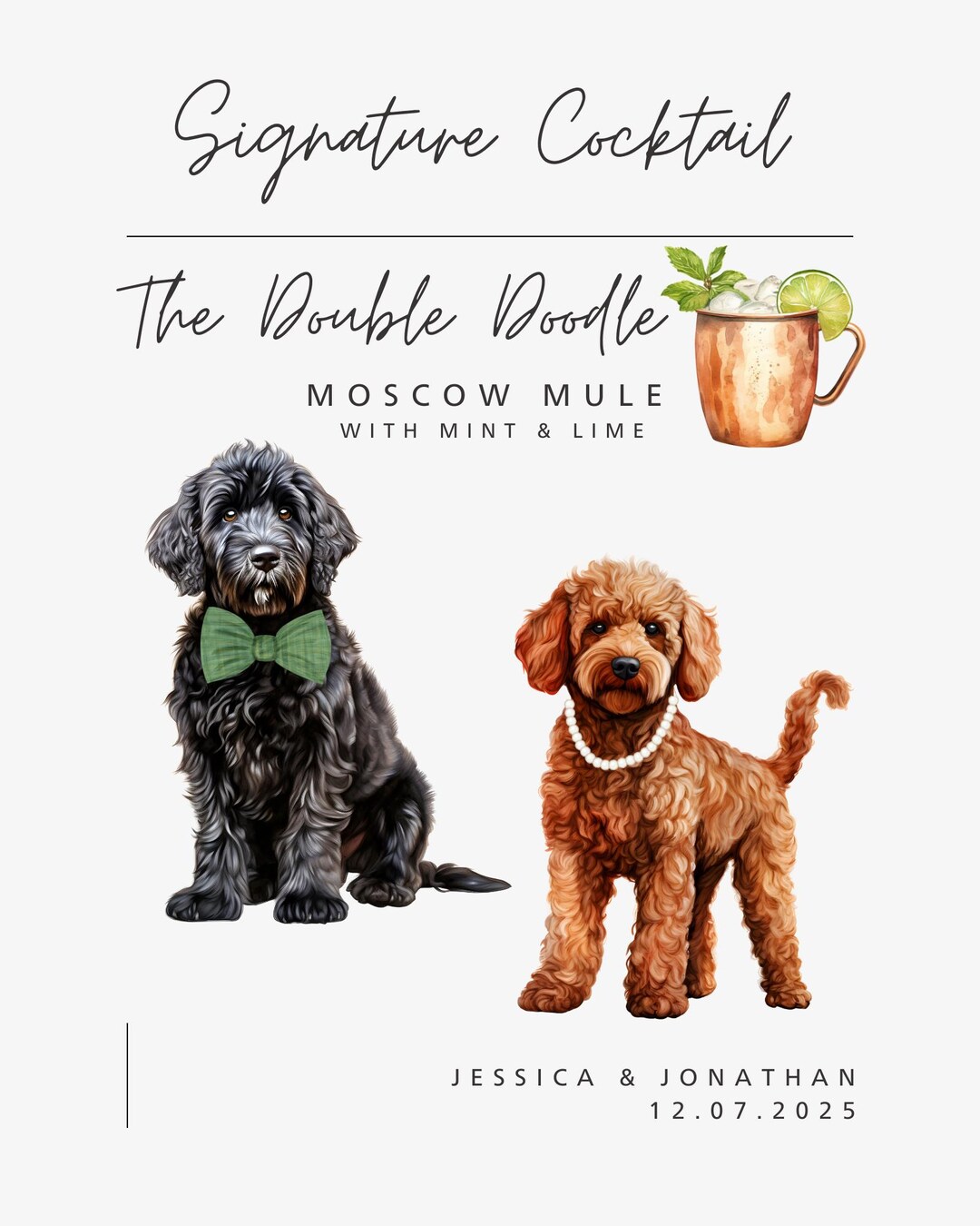 Signature Cocktail Sign Two Goldendoodles, Green Bowtie, Pearls, Moscow ...