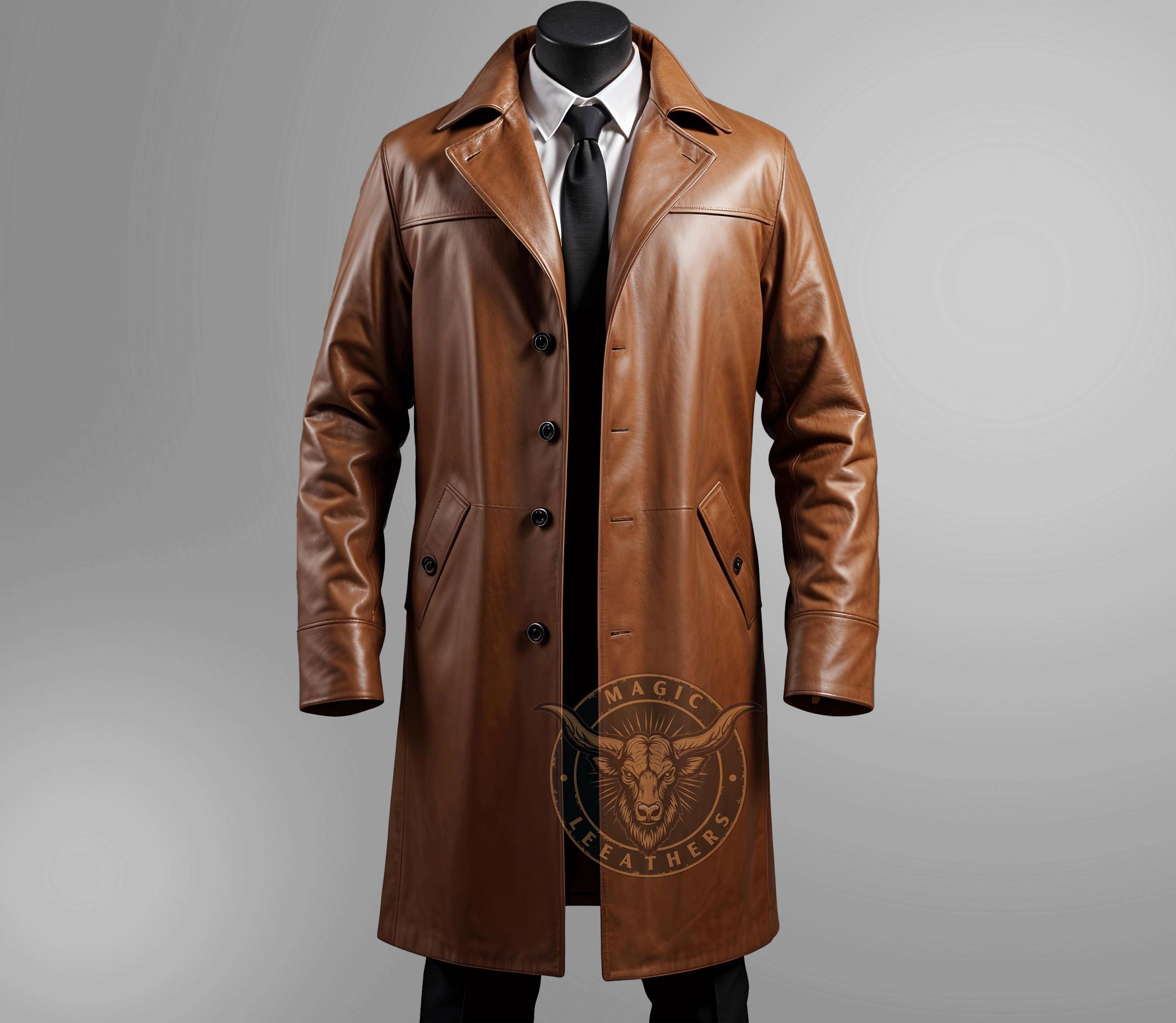 Real Brown Leather Trench Coat Men - Handmade Leather Long Coat for Men ...