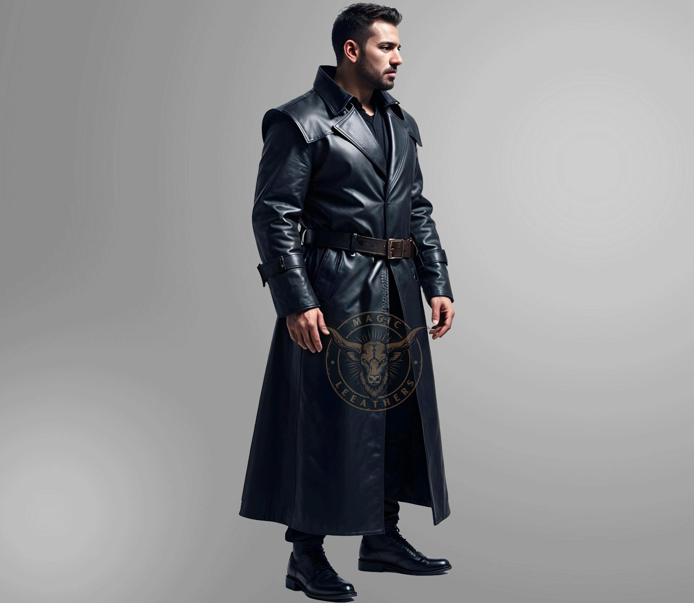 100% Real Black Leather Medieval Trench Coat - Handmade Black Leather ...