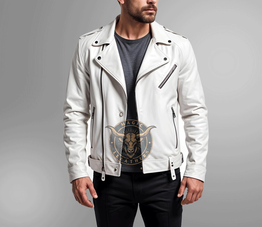 Genuine White Leather Biker Jacket for Men - 100% Real White Leather ...