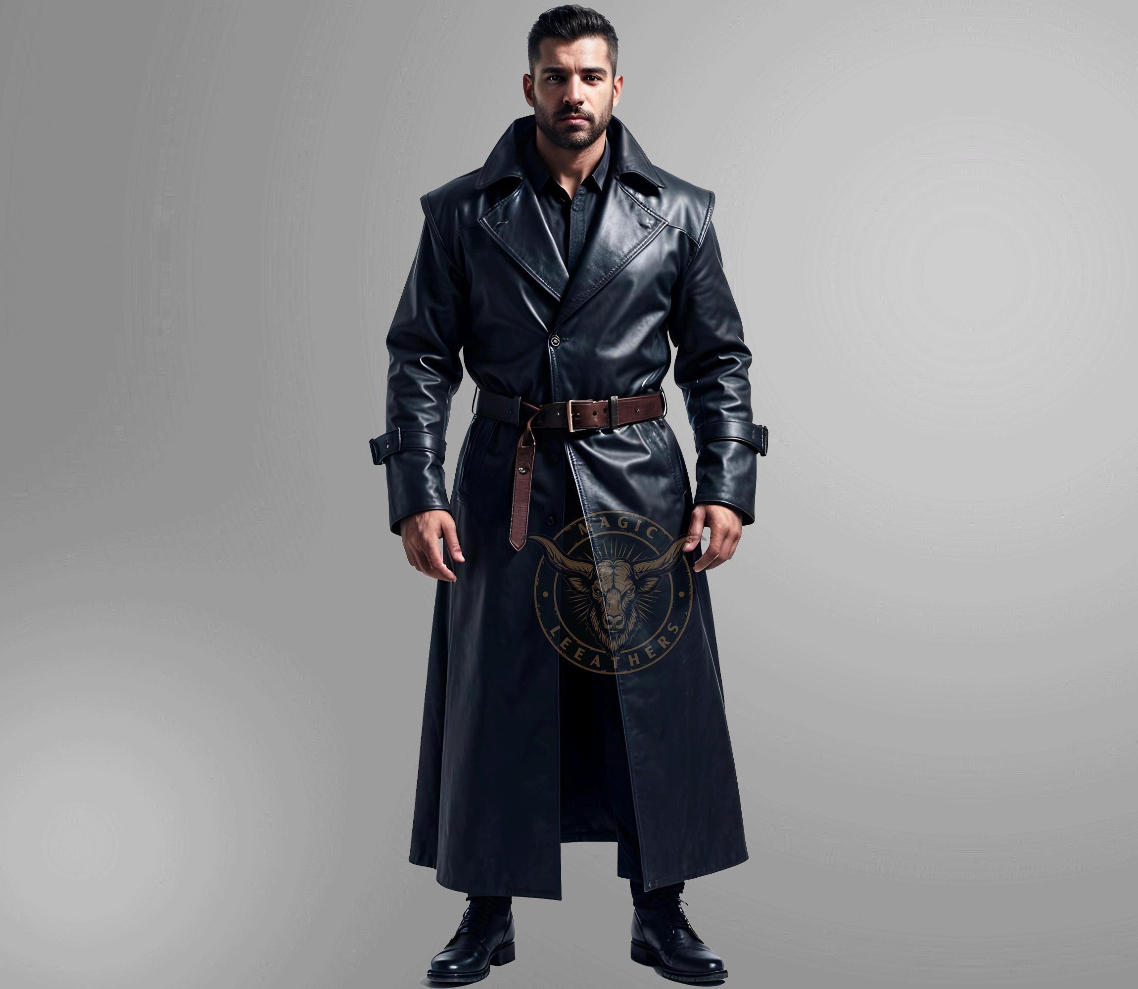 100% Real Black Leather Medieval Trench Coat - Handmade Black Leather ...