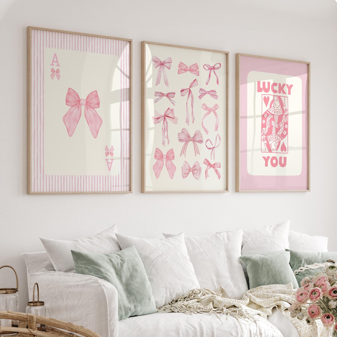 Pink Bows Watercolor Wall Art Set: Preppy Coquette Prints (digital ...