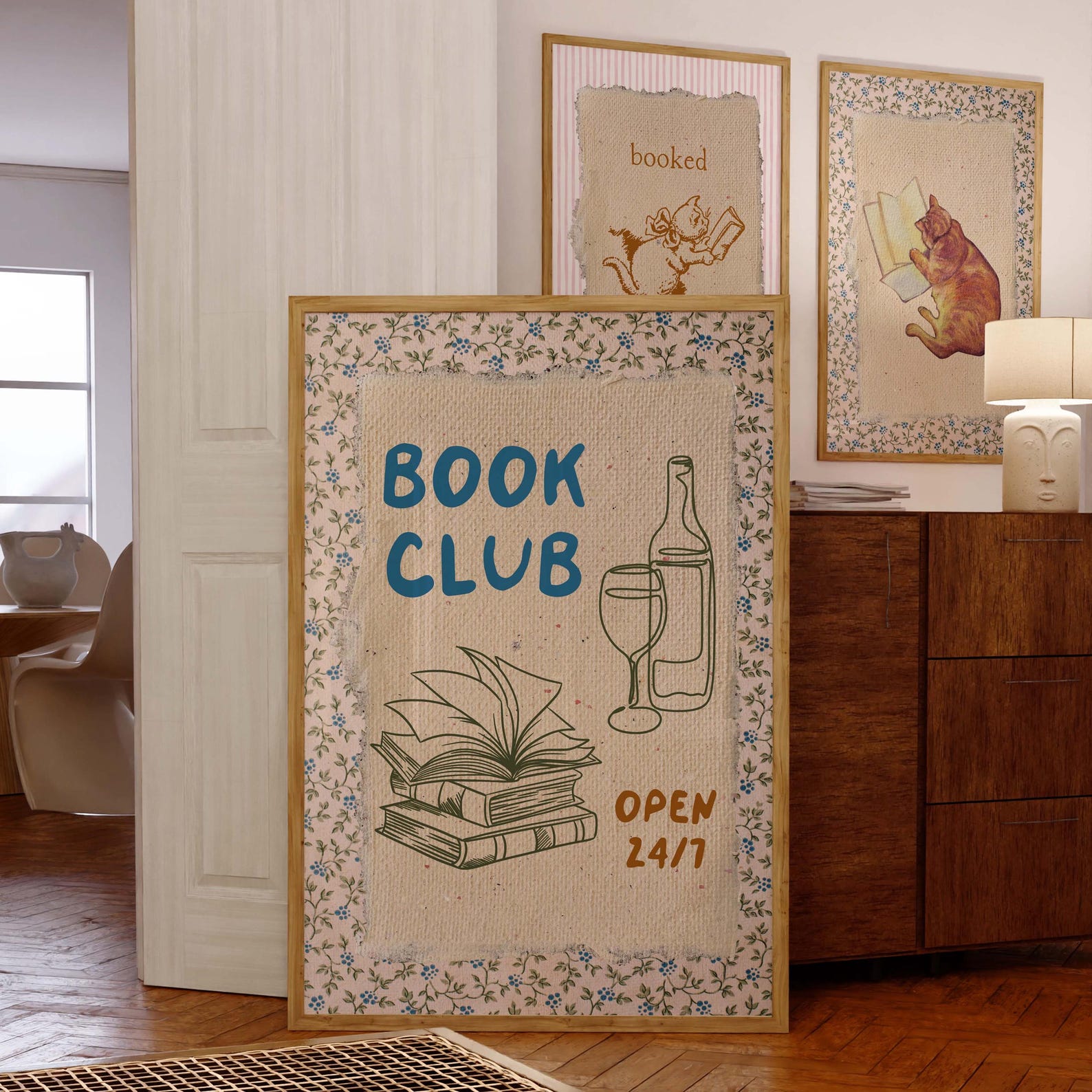 Book Club Digital Print: Vintage Bookish Wall Decor, Cozy Reading Room ...