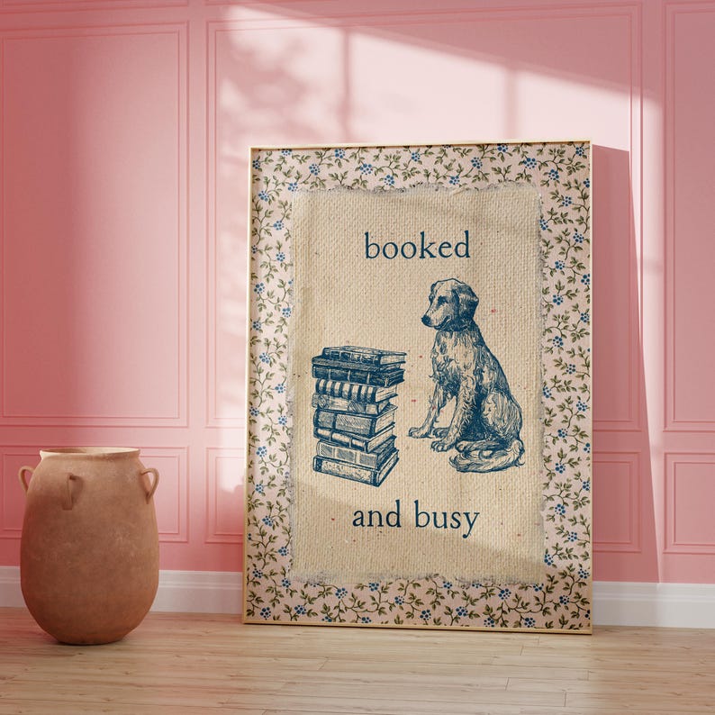 Booked and Busy Digital Print: Vintage Reading Nook Art, Cozy Bookish ...