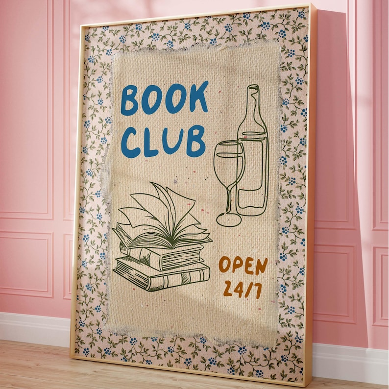Book Club Digital Print: Vintage Bookish Wall Decor, Cozy Reading Room ...