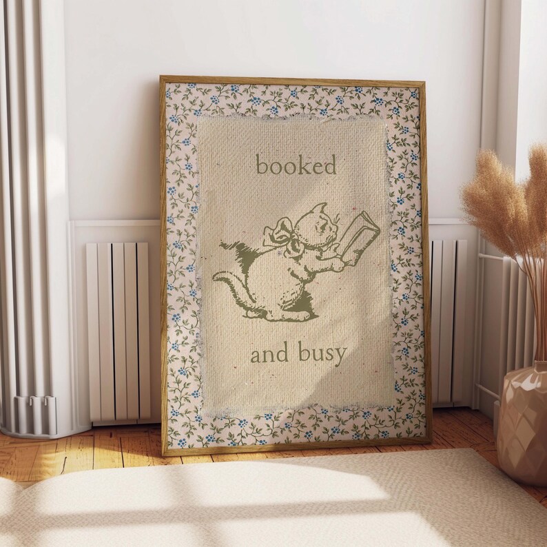 Booked and Busy Digital Print: Vintage Bookish Wall Decor, Reading Room ...