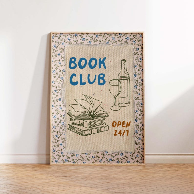 Book Club Digital Print: Vintage Bookish Wall Decor, Cozy Reading Room ...