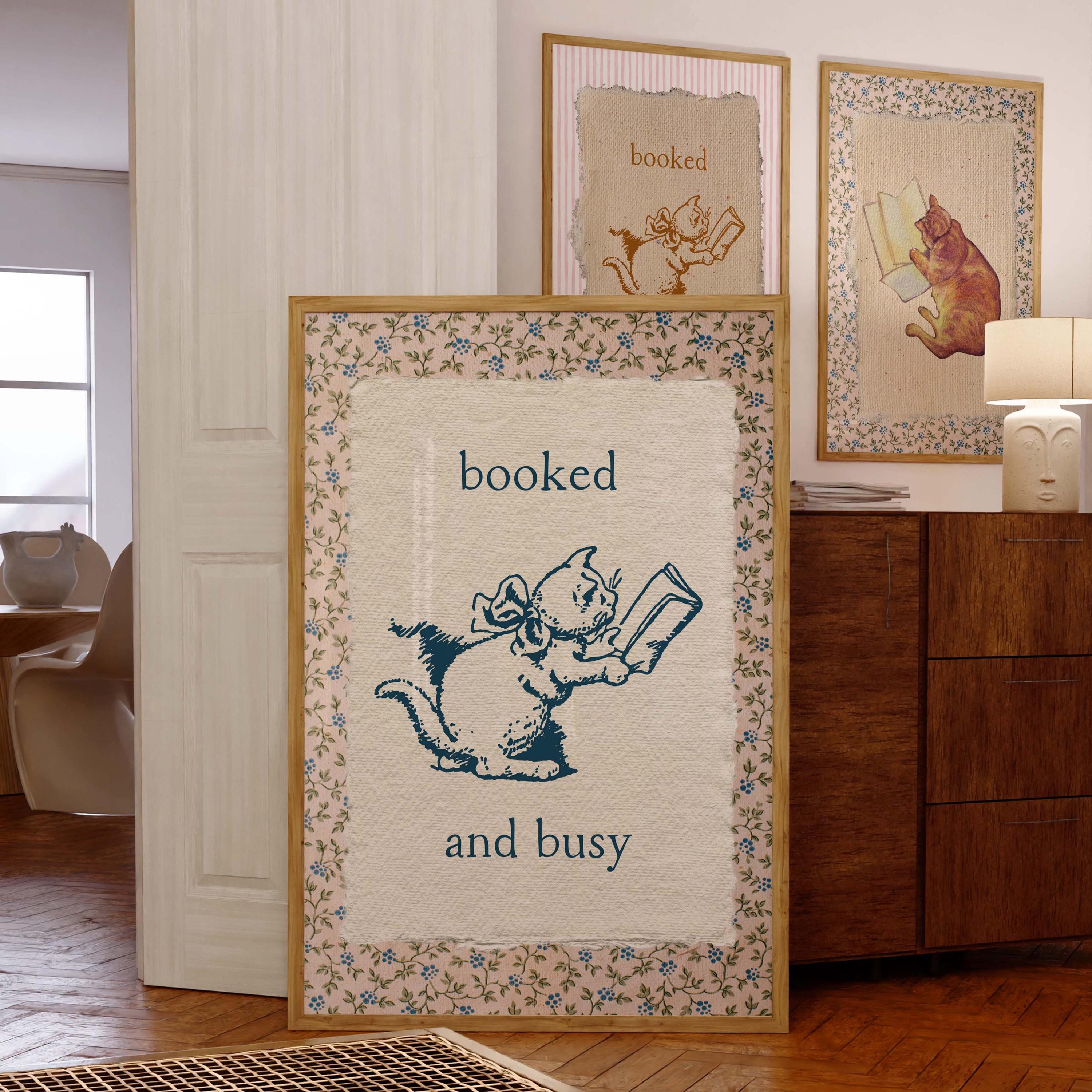 Booked and Busy Digital Print: Vintage Bookish Wall Decor, Reading Room ...