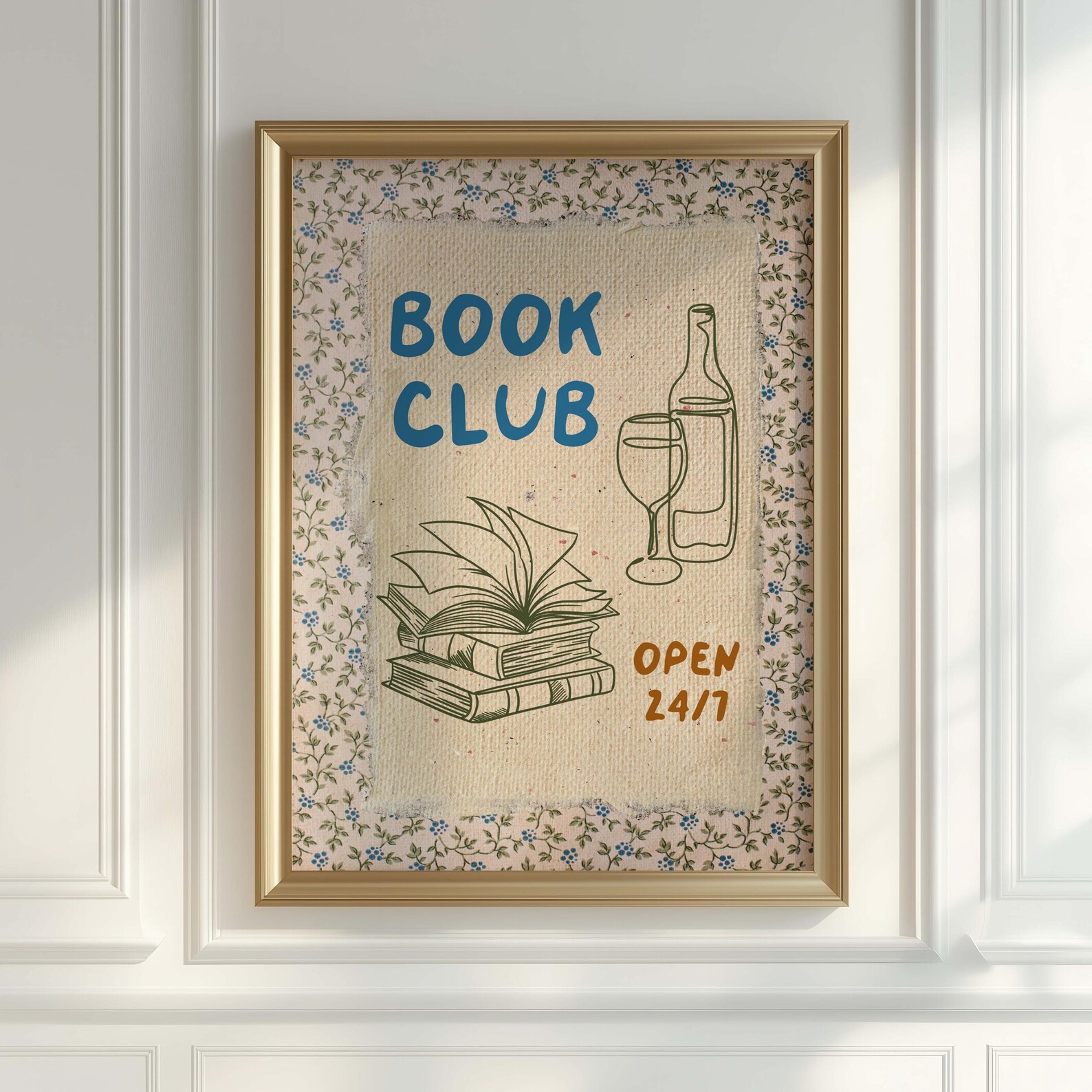 Book Club Digital Print: Vintage Bookish Wall Decor, Cozy Reading Room ...