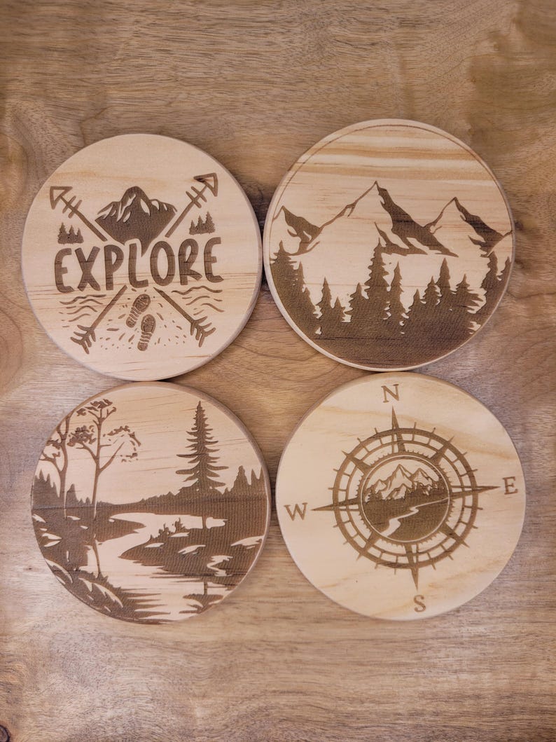 Laser Engraved Nature Themed Wood Coasters - Set of Four - Etsy