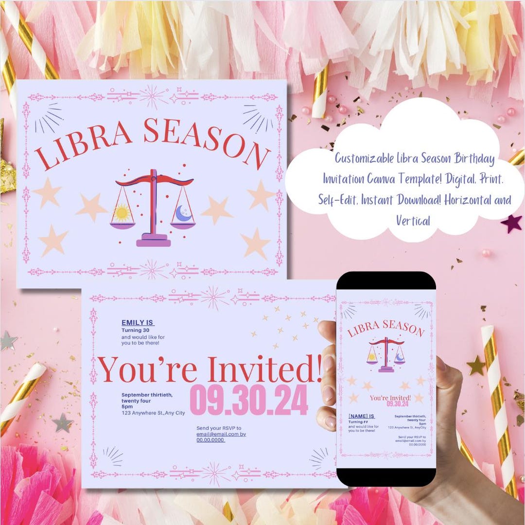 Libra Season Birthday Invitation Card, Customizable Free Canva Template ...