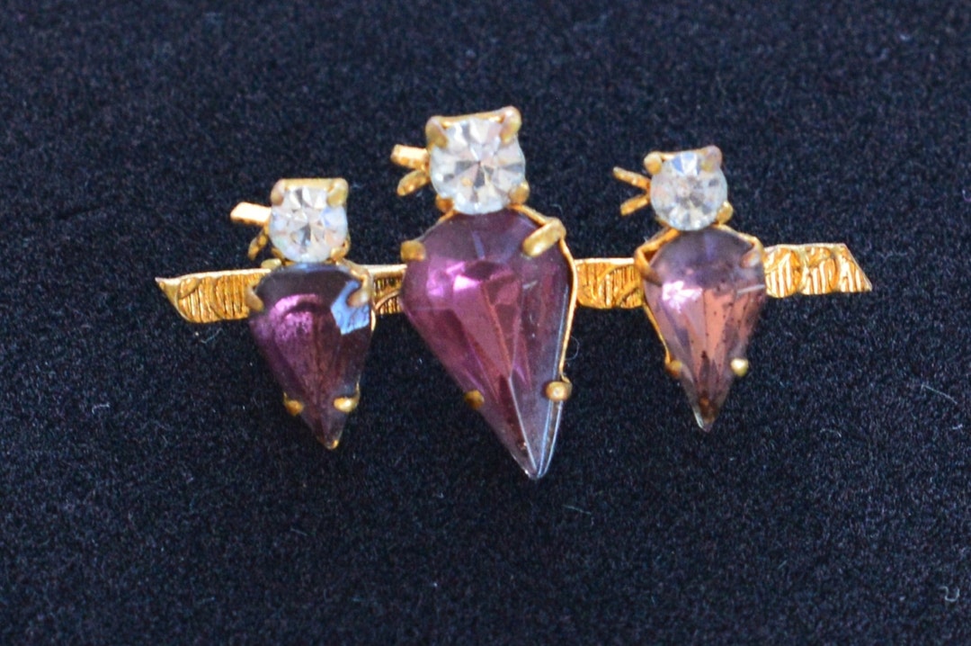 Adorable Vintage Three Bird on a Branch Brooch, Amethyst, Clear ...
