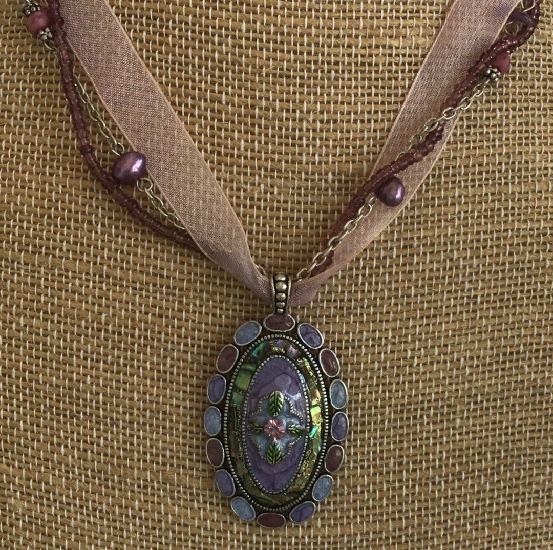 Purple, Pink, Paua Shell Pendant Necklace, Multi-strand, Vintage, 1619 ...