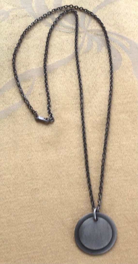 Pewter tone Double Disc Pendant Necklace, Vintage, 28… - Gem