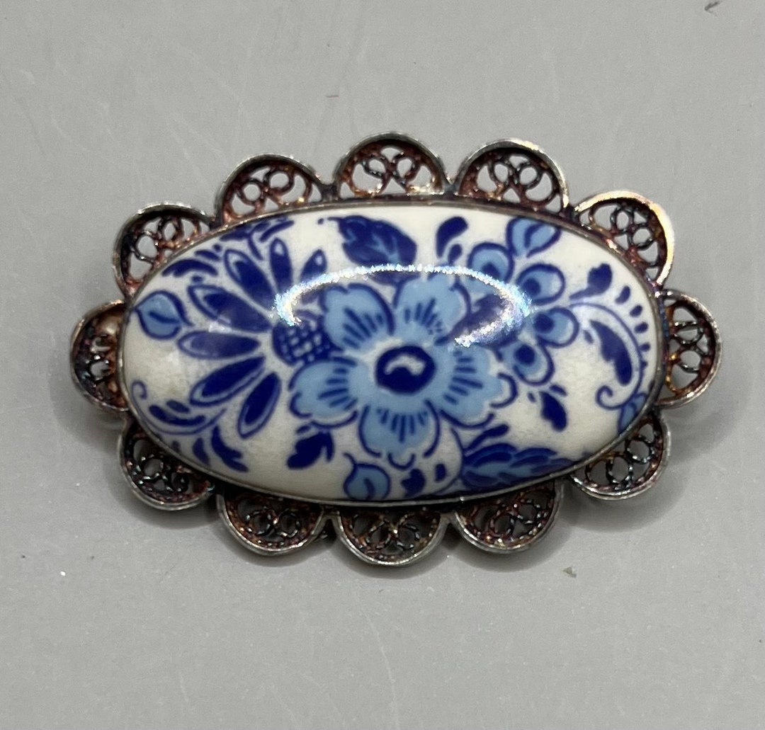 Antique Holland Blue Delft Floral Brooch, Pin, Silver Tone, Vintage (T6 ...