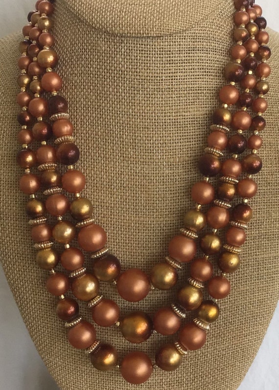 Rust, Gold Plastic Beaded Multi-strand Necklace, Gold… - Gem
