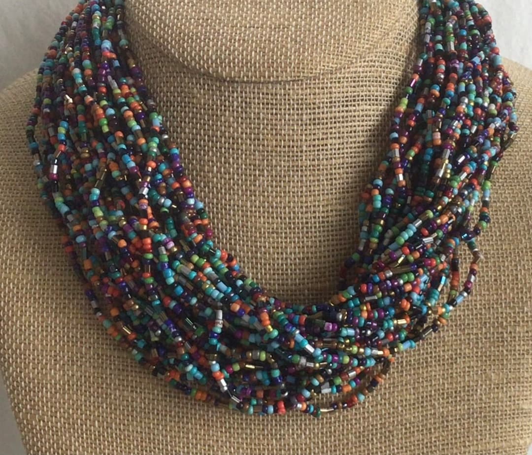 Multi-colored Glass Seed Beaded Multi-strand Necklace, 17”-20 ...