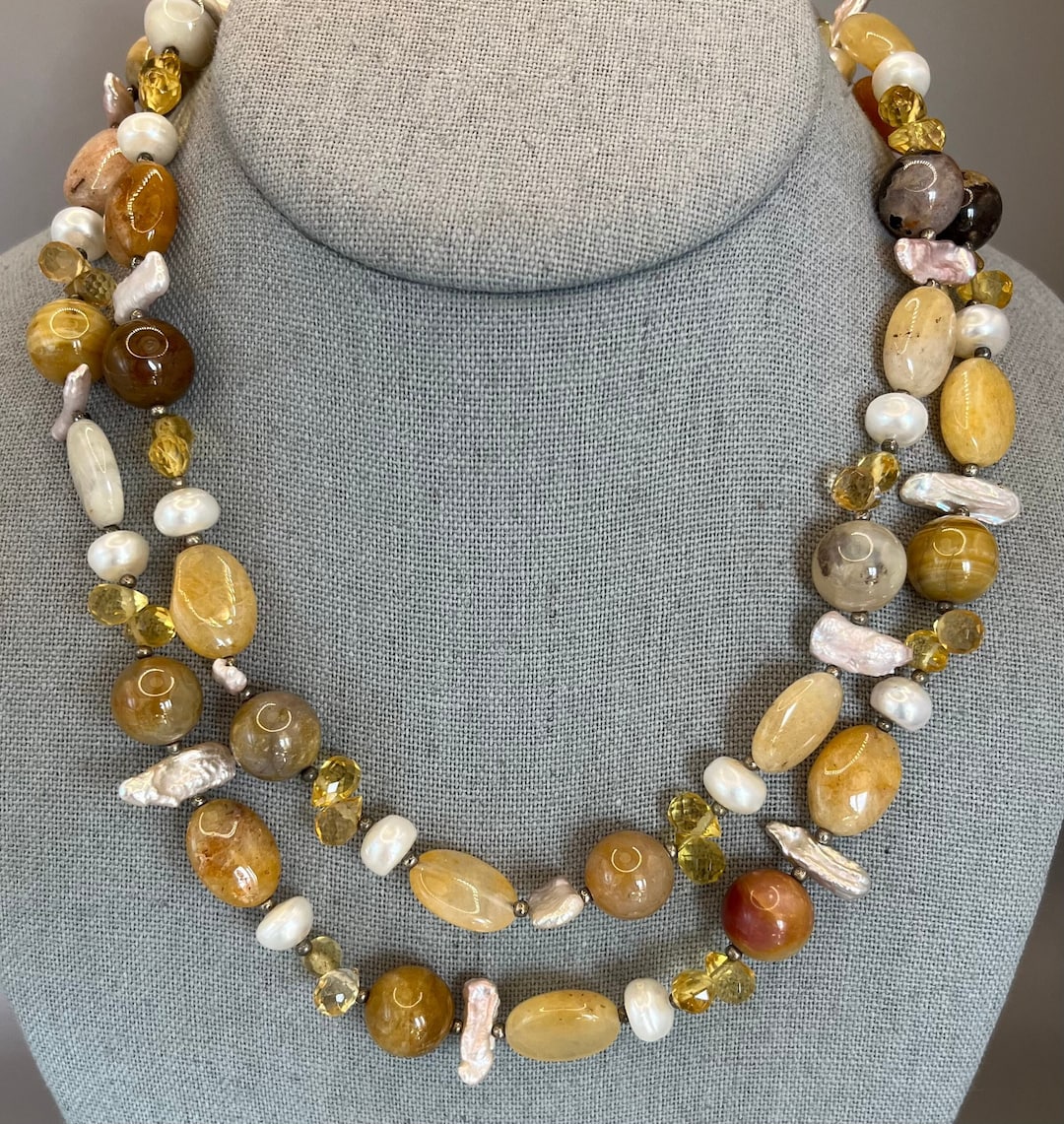 ALEXANDER KALIFANO Freshwater Pearl, Citrine, Jasper Beaded Necklace ...