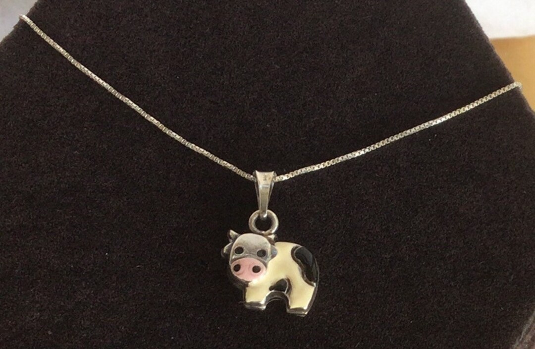 Sterling Enamel Cow Pendant Necklace, 18”, Animal, Farm, Vintage (C4 ...
