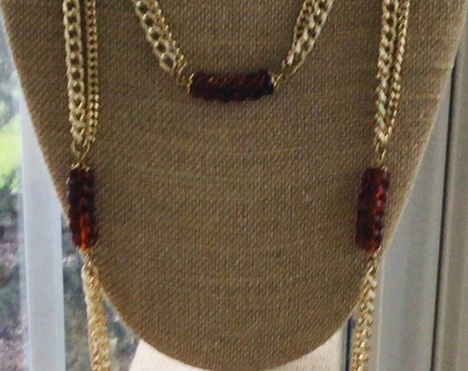 SARAH COV Brown Faux Torte, Gold Tone Chain Link Double Strand Necklace ...