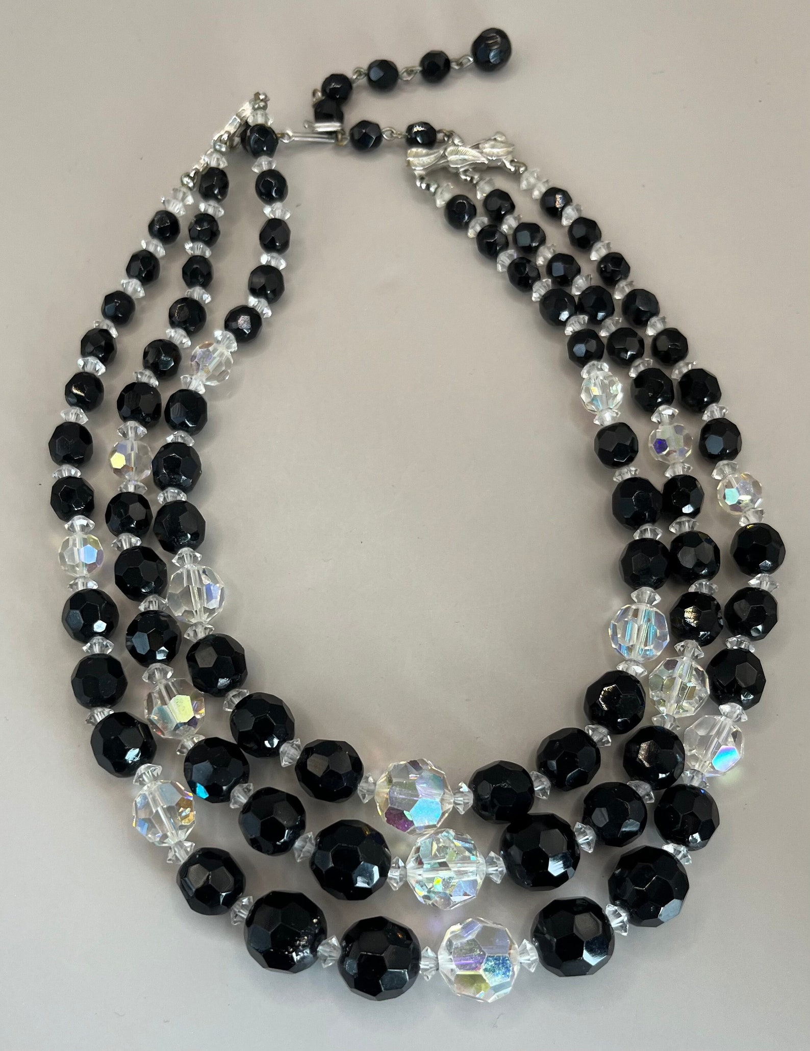 Jet Black, Aurora Borealis Triple Strand Crystal Necklace, Silver Tone ...