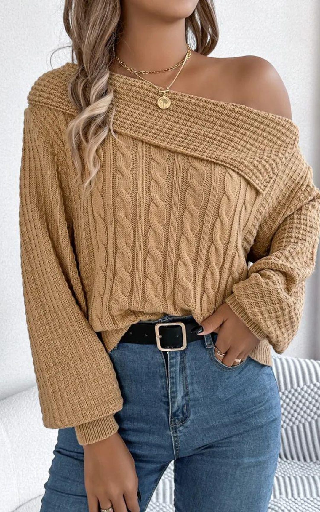 Cable-knit One Shoulder Long Sleeve Sweater One Shoulder Sweater Cable ...
