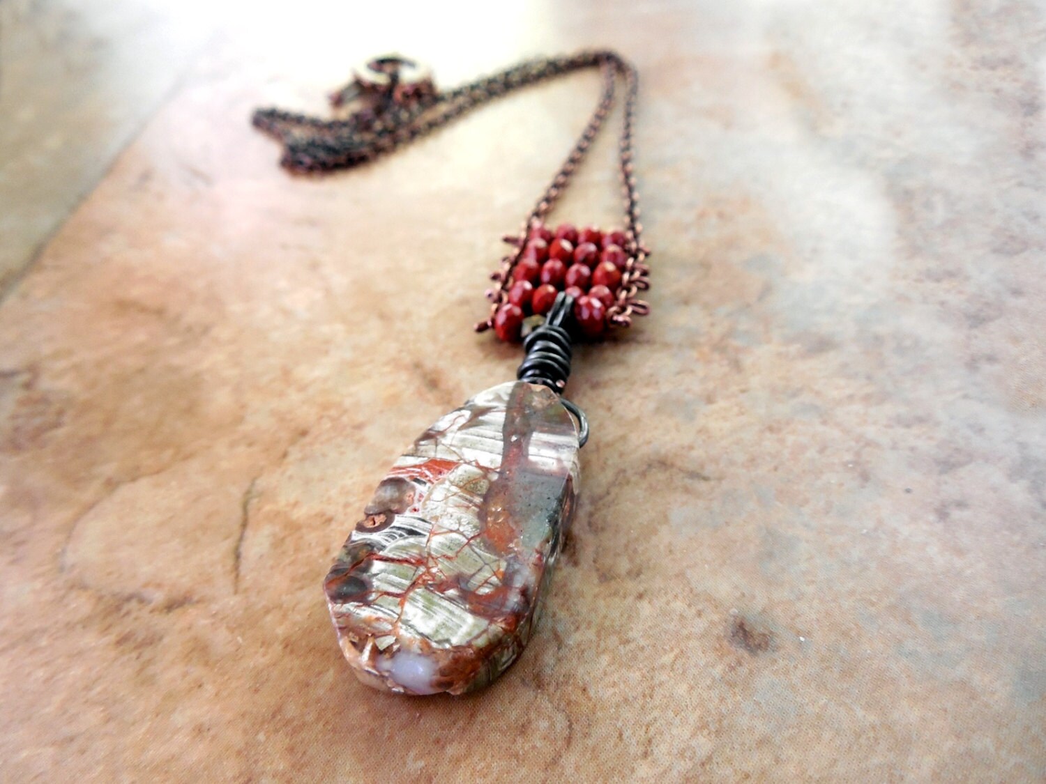 Jasper Gemstone and Copper Beaded Necklace, Rust Brown Gemstone, Long ...