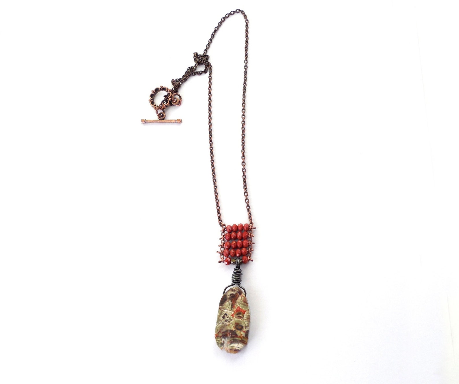 Jasper Gemstone and Copper Beaded Necklace, Rust Brown Gemstone, Long ...