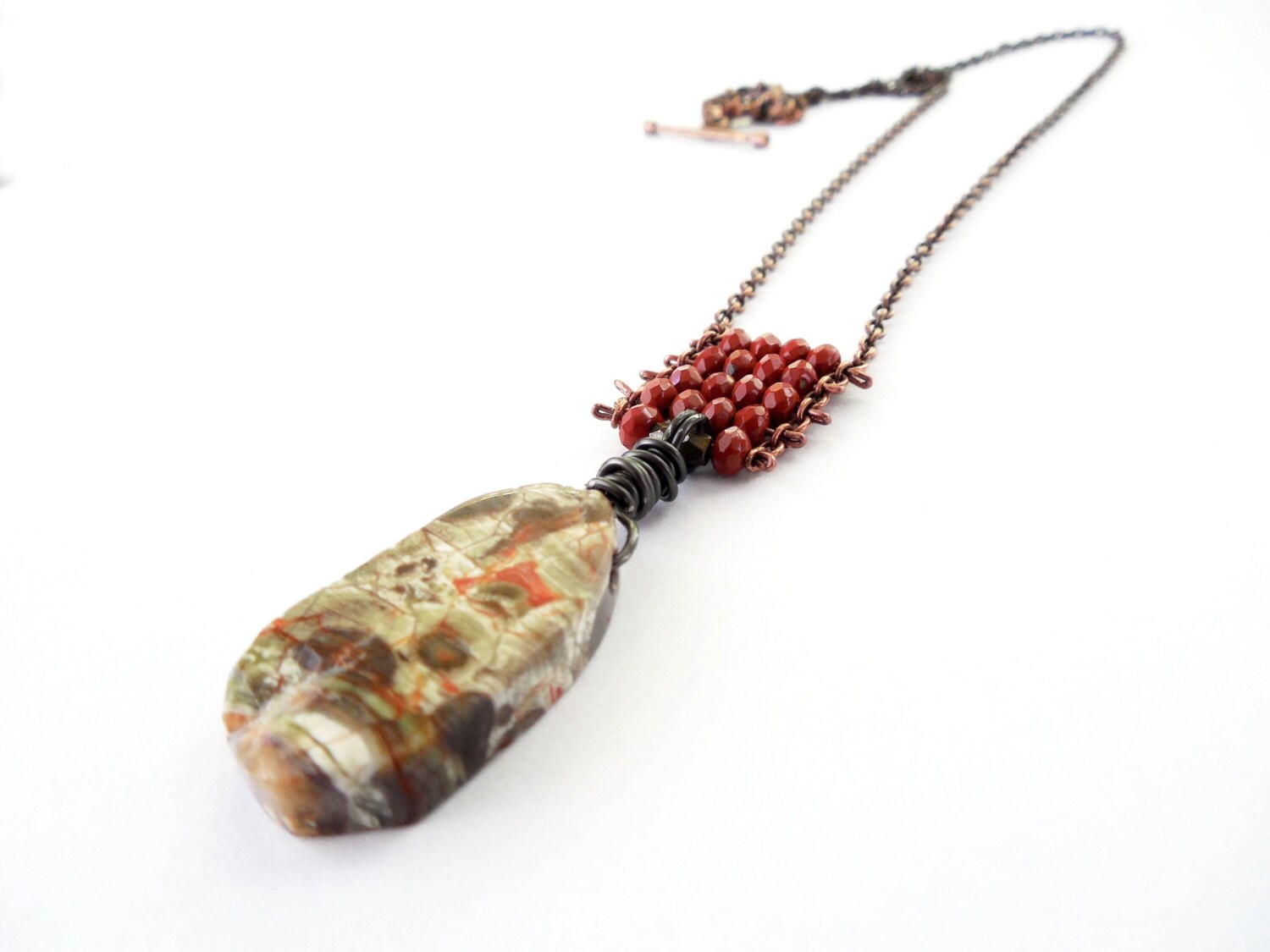 Jasper Gemstone and Copper Beaded Necklace, Rust Brown Gemstone, Long ...