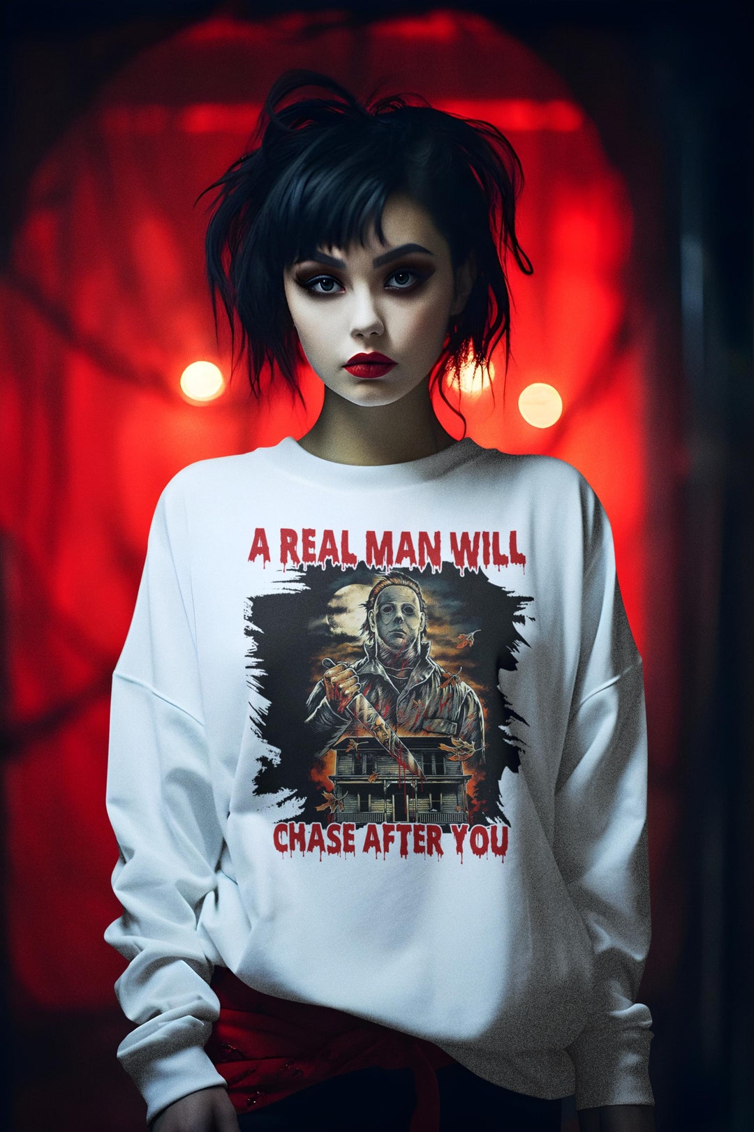 A Real Man Will Chase You Michael Myers Champion Long Halloween T-shirt ...