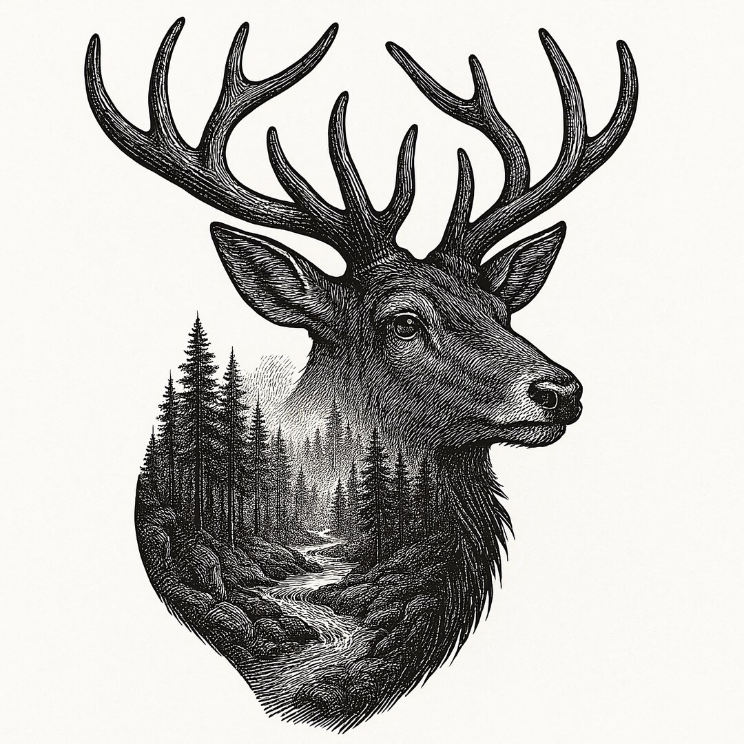 20 Deer Reindeer Moose PNG Double Exposure Wildlife | Grayscale Nature ...