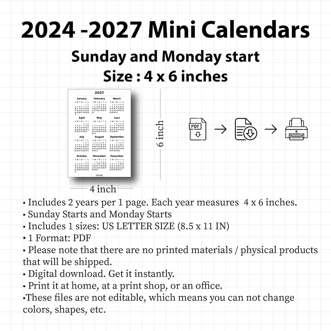2025 - 2027 4 X 6 Inches Mini Calendar 2024 2025 2026 2027 Printable ...