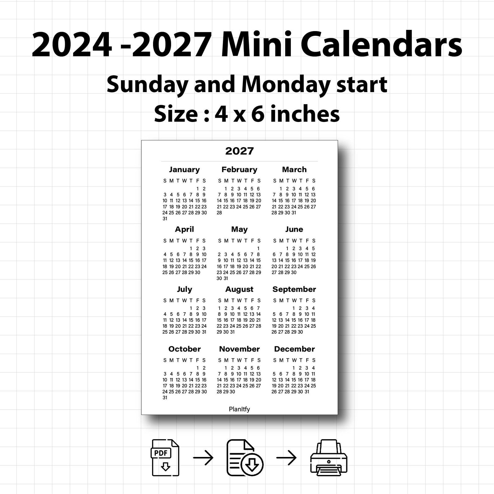 2025 - 2027 4 X 6 Inches Mini Calendar 2024 2025 2026 2027 Printable ...