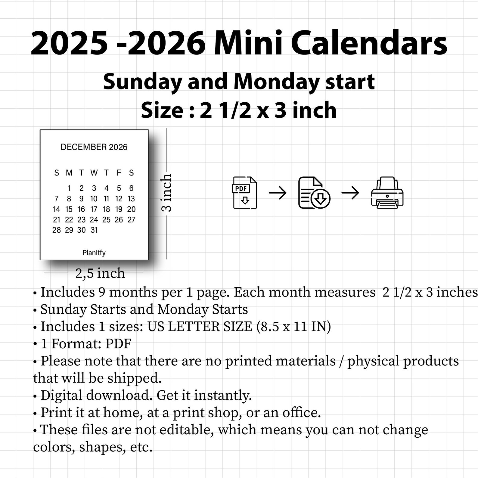 Mini Calendar 2025 2026 Printable PDF • 2 1/2 X 3 Inch Months • US ...
