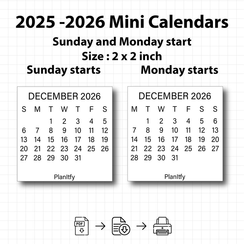 2025-2026 Mini Calendar Printable PDF – 2 X 2 Inch, 12 Months per Page ...