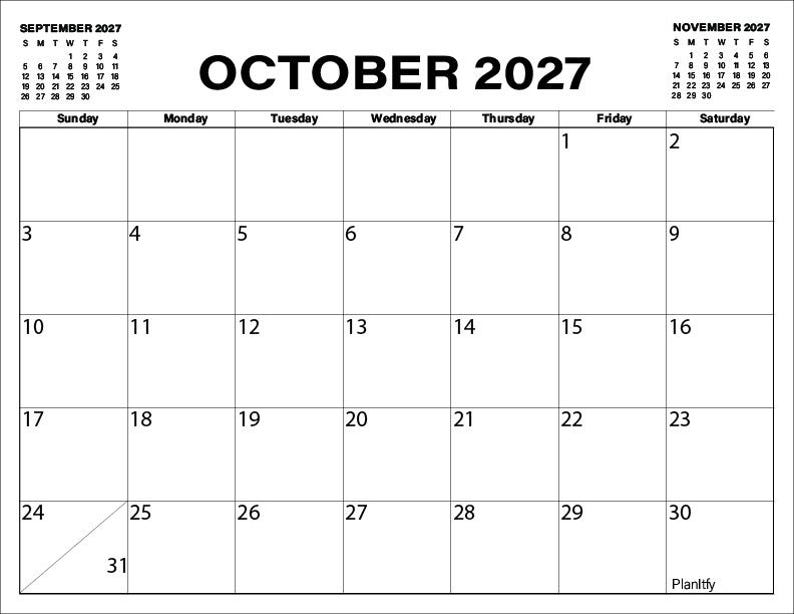 2027 Monthly Calendar Letter Size - Digital PDF Planner Pages | Sunday ...