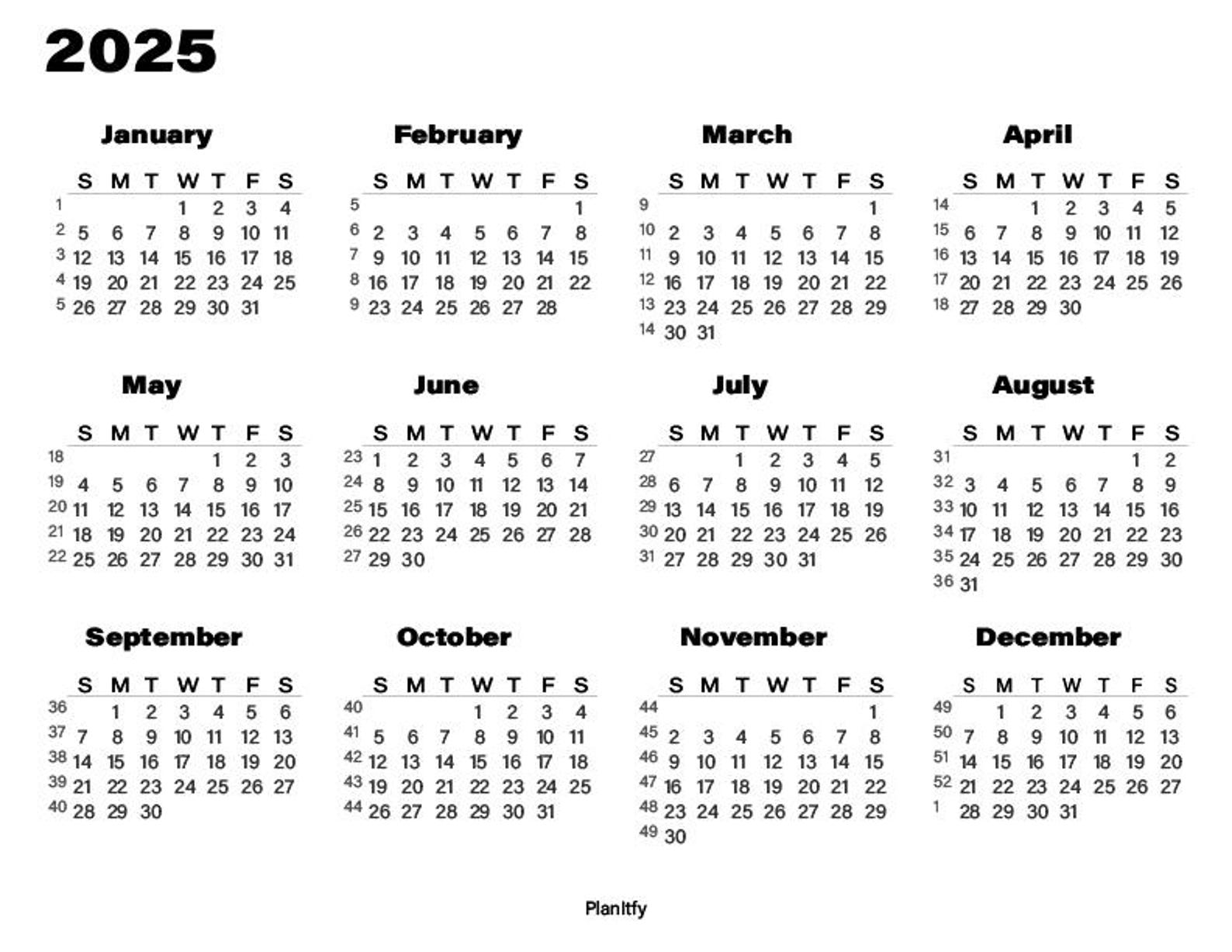 2025 Letter Size Yearly Calendar With Weeks Printable PDF | Desk ...