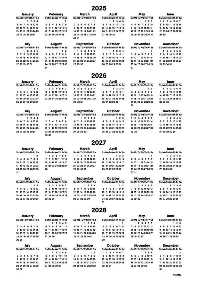2025-2028 Yearly Calendar Printable | Sunday & Monday Start (PDF) - Etsy