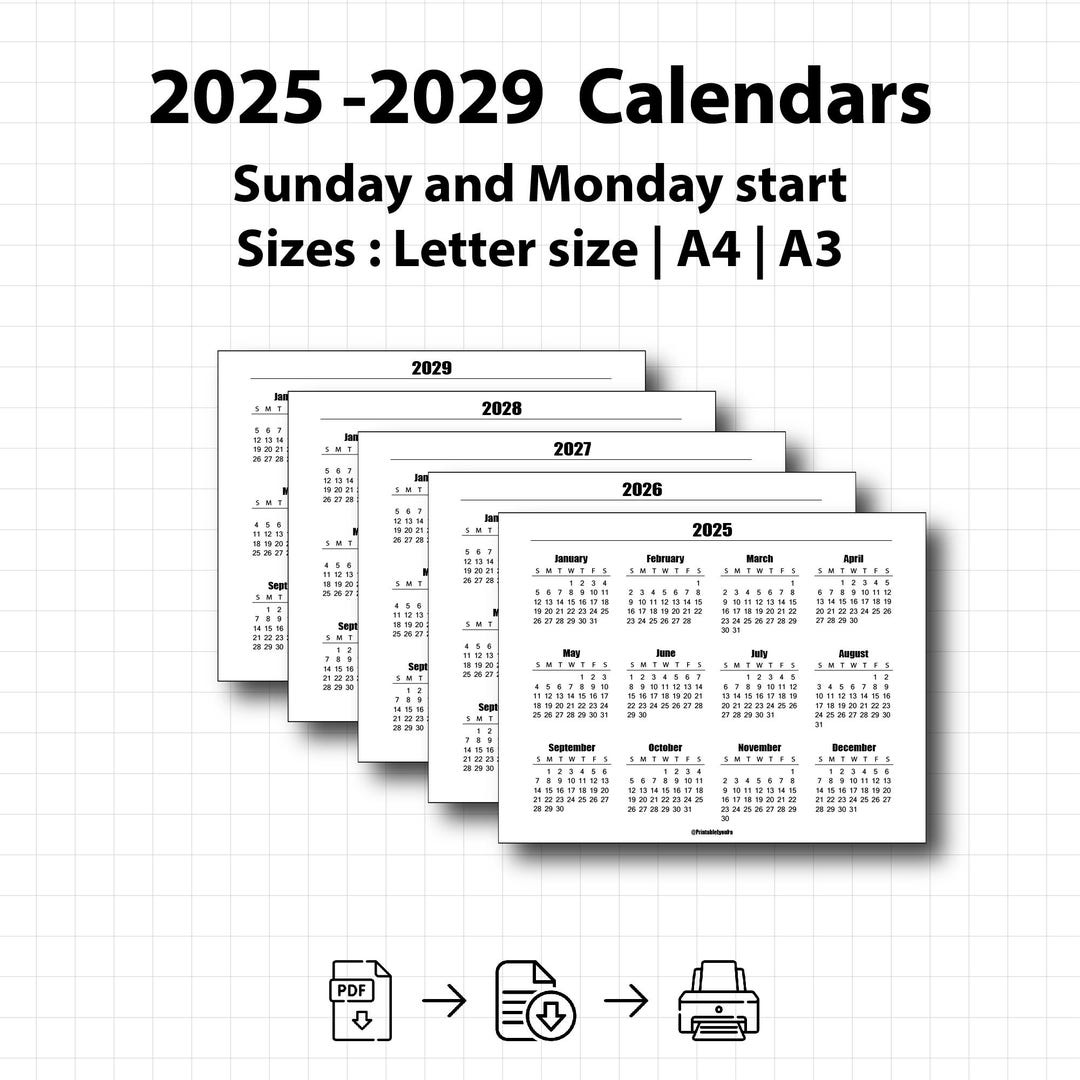 5 -years Calendars | 2025–2029 Printable Yearly Calendars A3, A4 ...