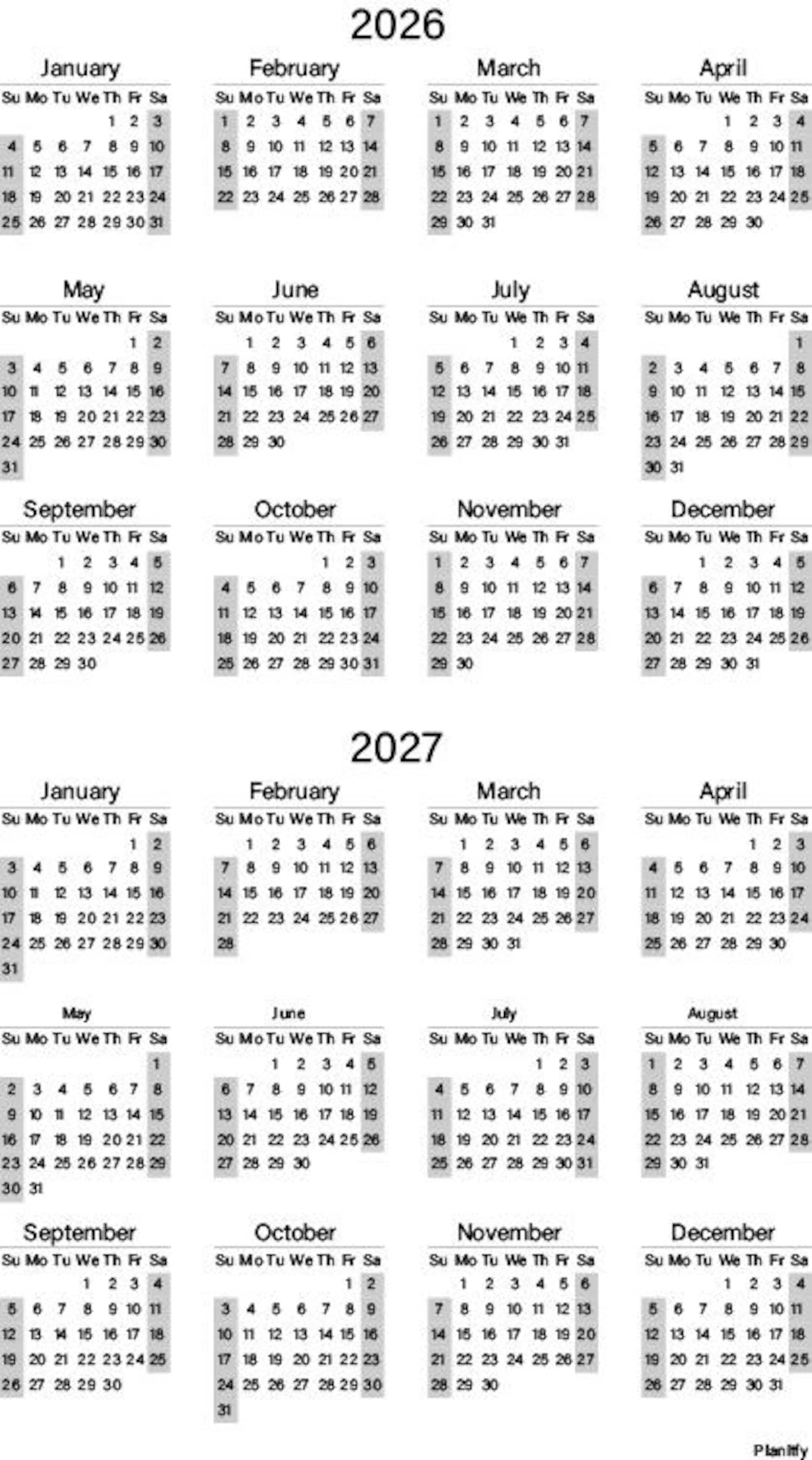 2026 - 2027 Two Year Calendar Printable PDF | Desk Calendar | Sunday ...