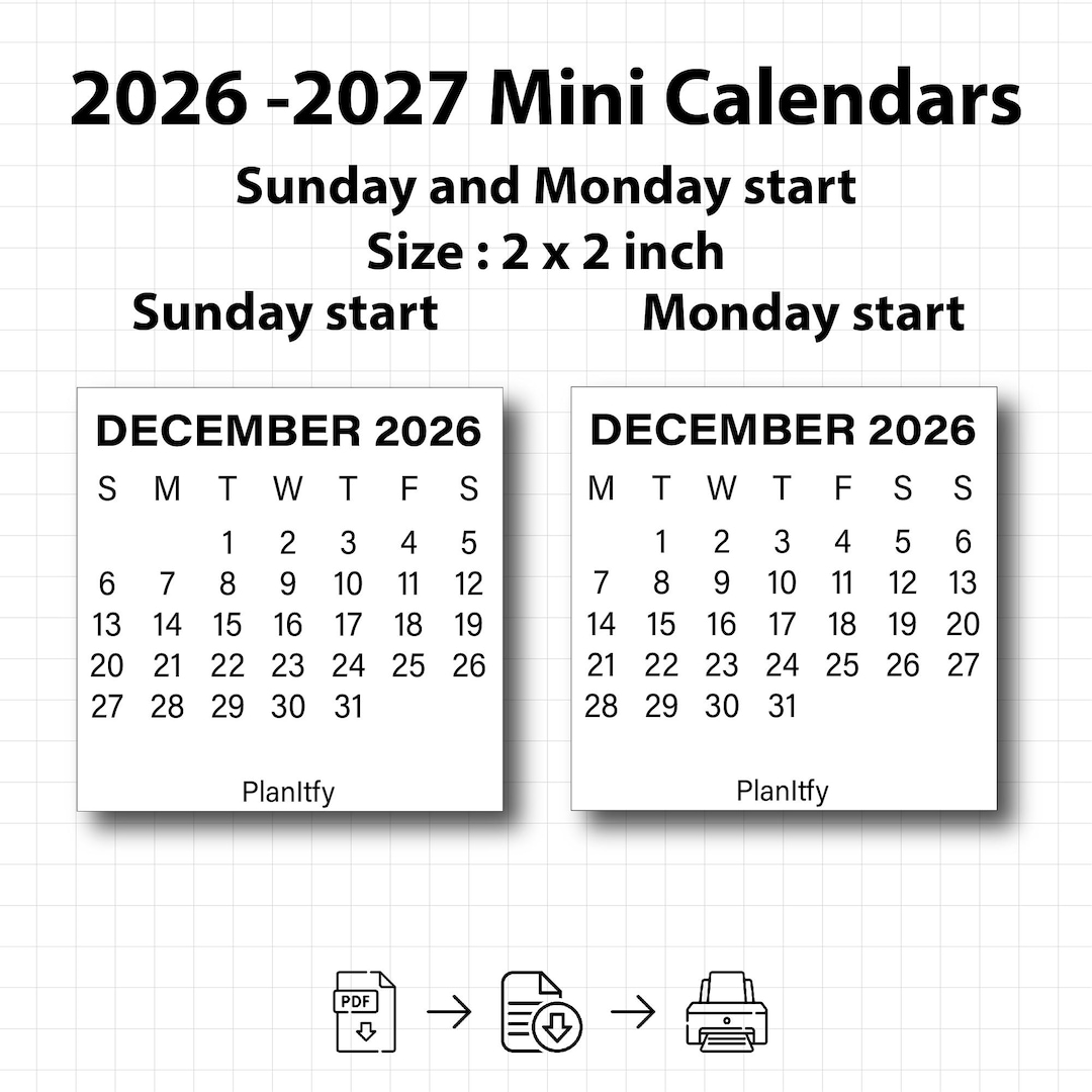 2026-2027 Mini Calendar Printable | 2x2" Monthly Calendars (PDF) - Etsy