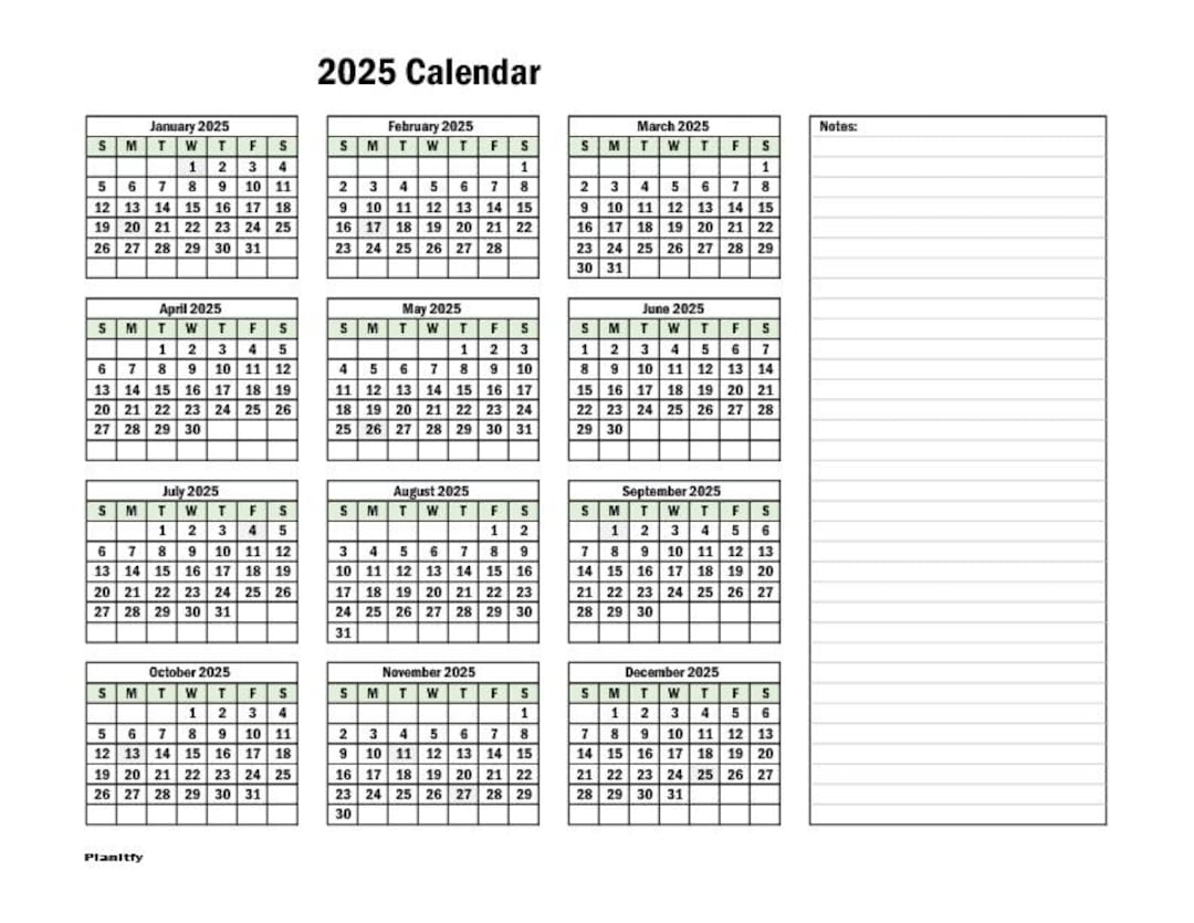 2025 Calendar With Notes Printable | Letter Size - Digital PDF Planner ...