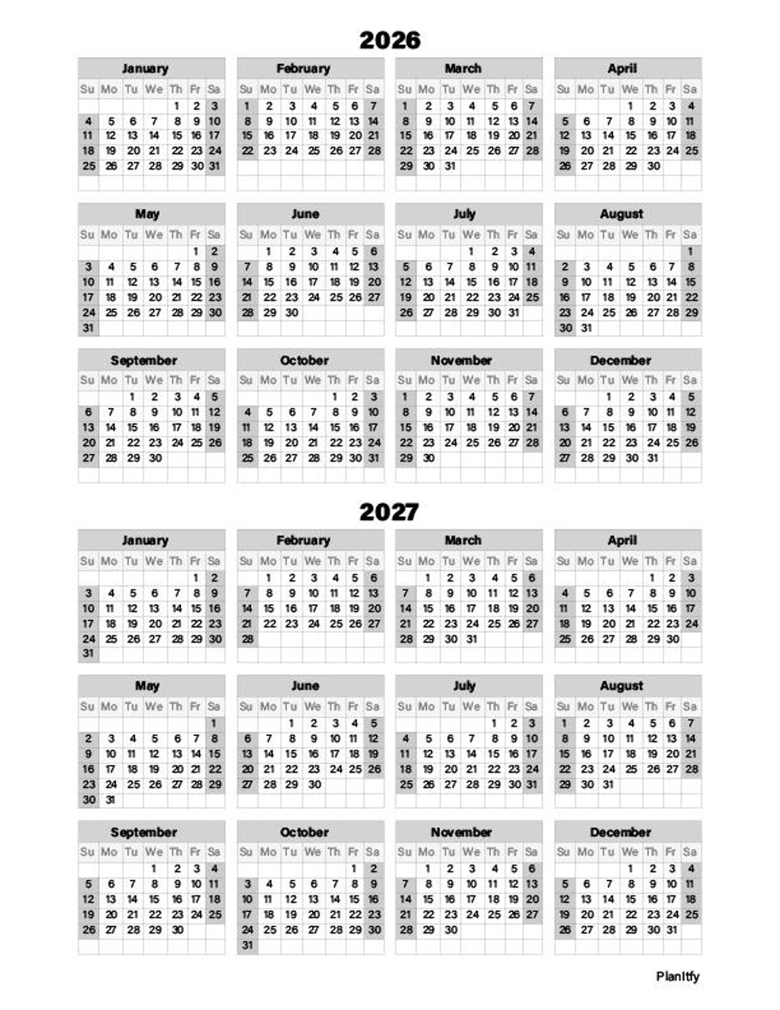 2026-2027 Two Year Calendar | Sunday Start, Letter Size (PDF Printable ...