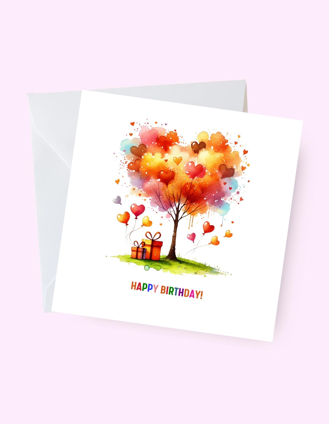 Elegant Tree Birthday Card, Heart-shaped Splashes With Balloons, Tree ...