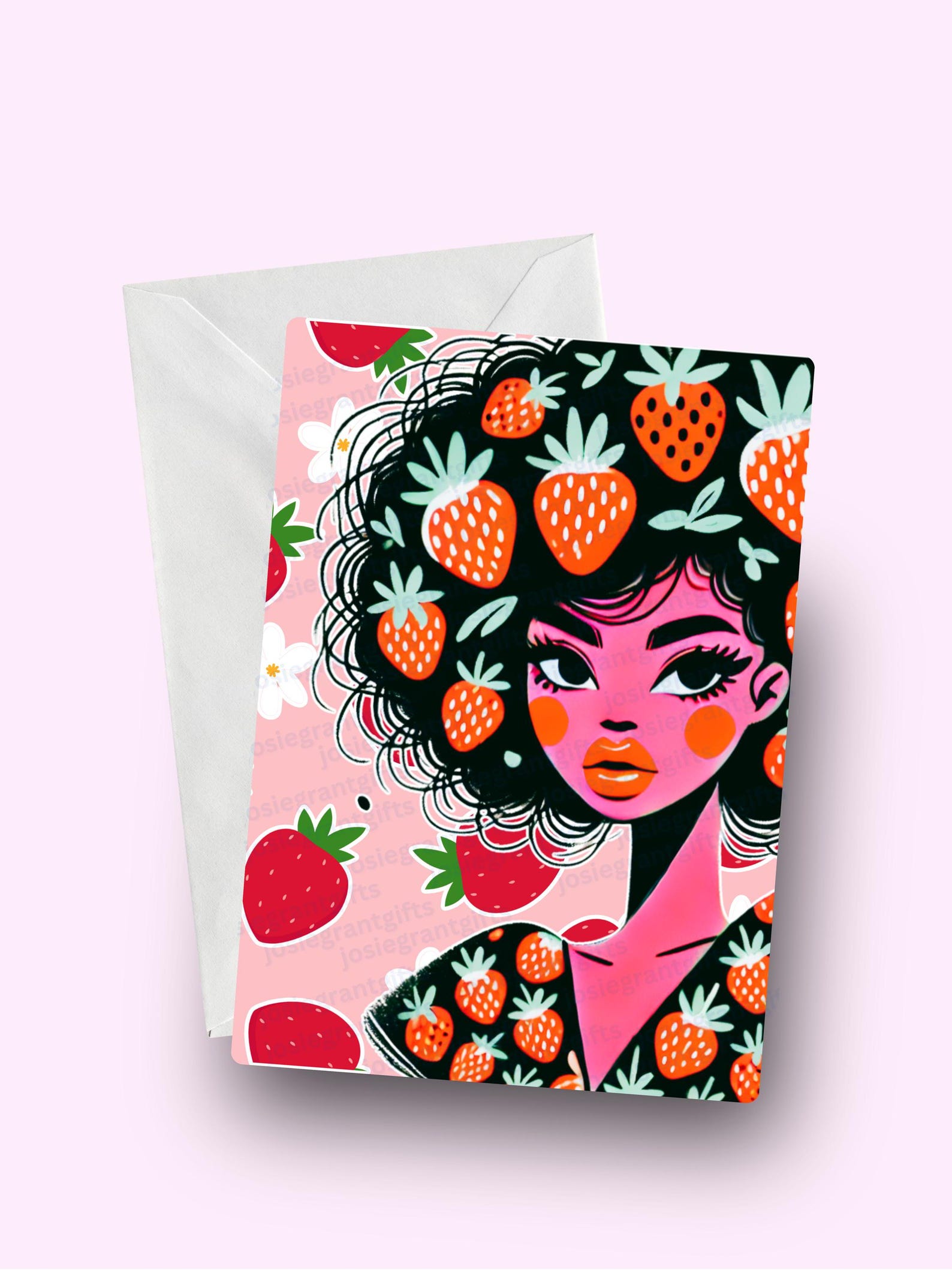 Strawberry Themed Afro Black Woman Card, Black Girl Magic, Vibrant ...