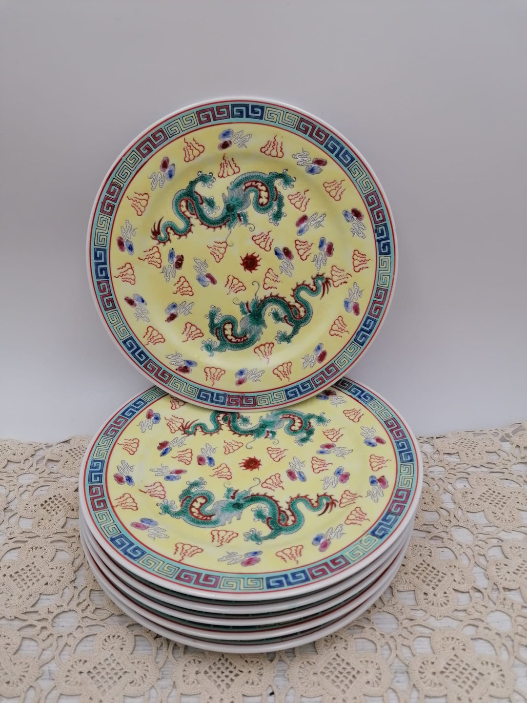 Chinese 7" Ceramic Plate/ Yellow Dragon Decor Plate/ Yellow Mun Shou ...