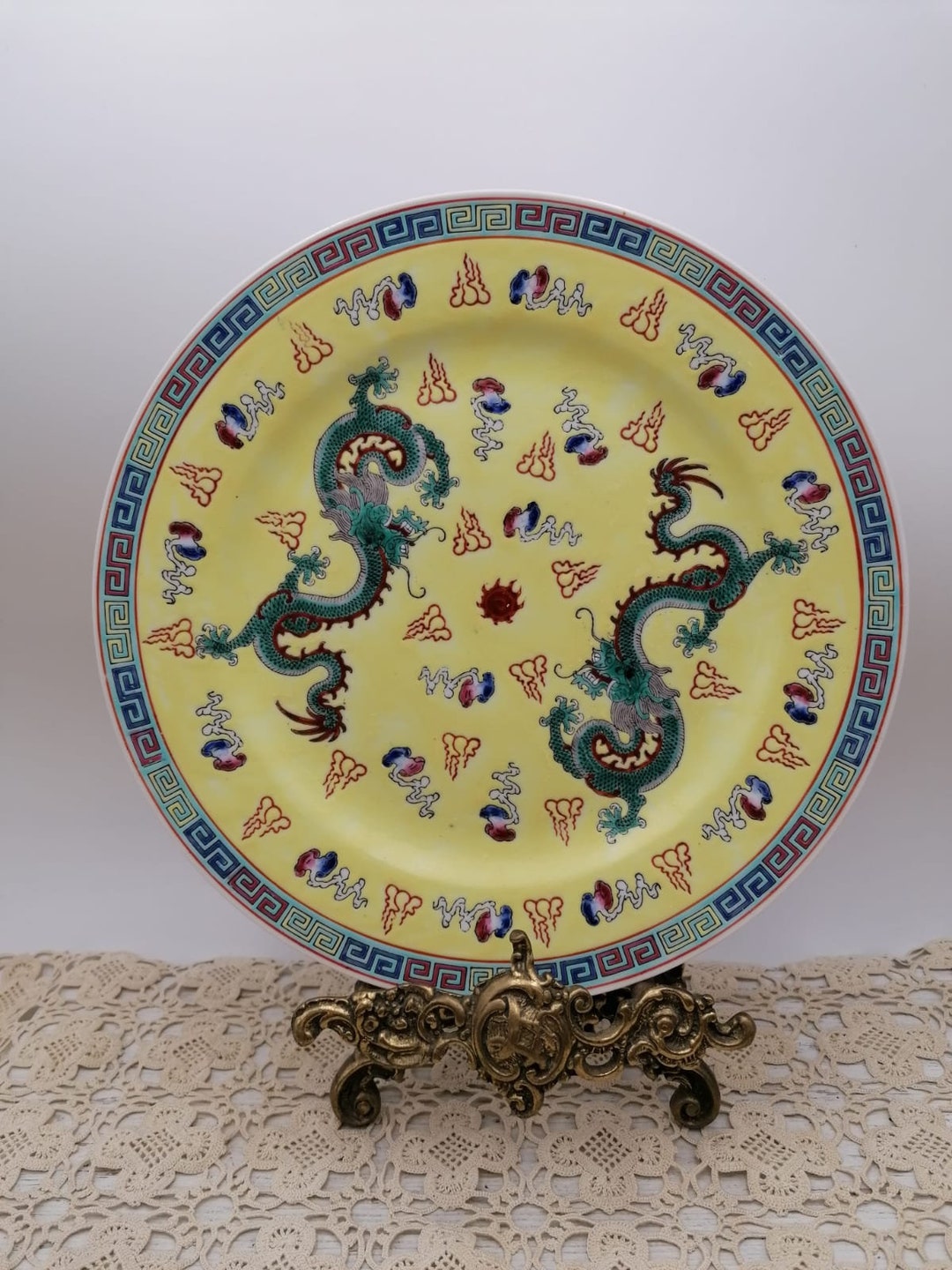 Chinese 10 Ceramic Plate/ Yellow Dragon Decor Plate/ Yellow Mun Shou ...