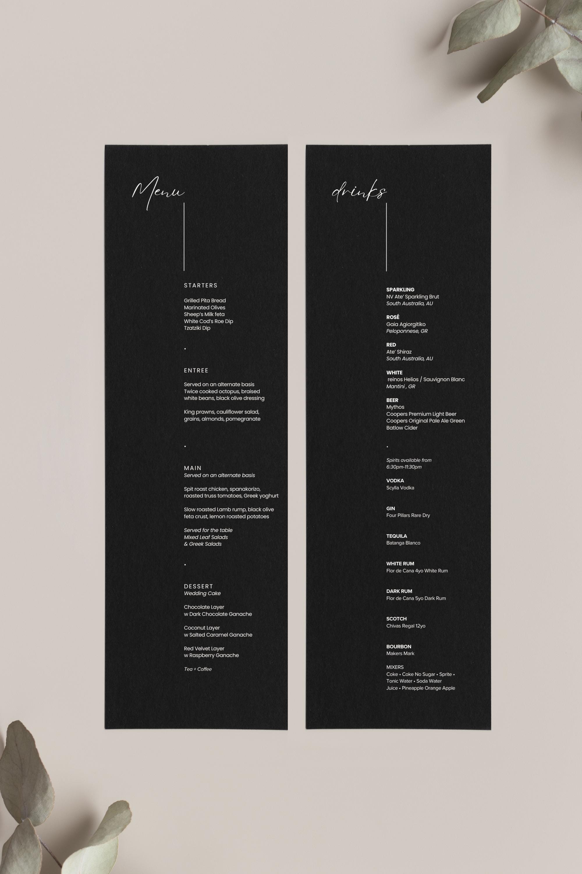 Modern Wedding Menu Card Digital Downloadable Template Editable Black ...