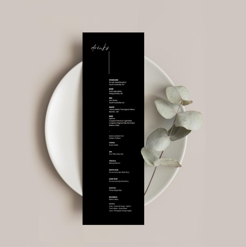 Modern Wedding Menu Card Digital Downloadable Template Editable Black ...